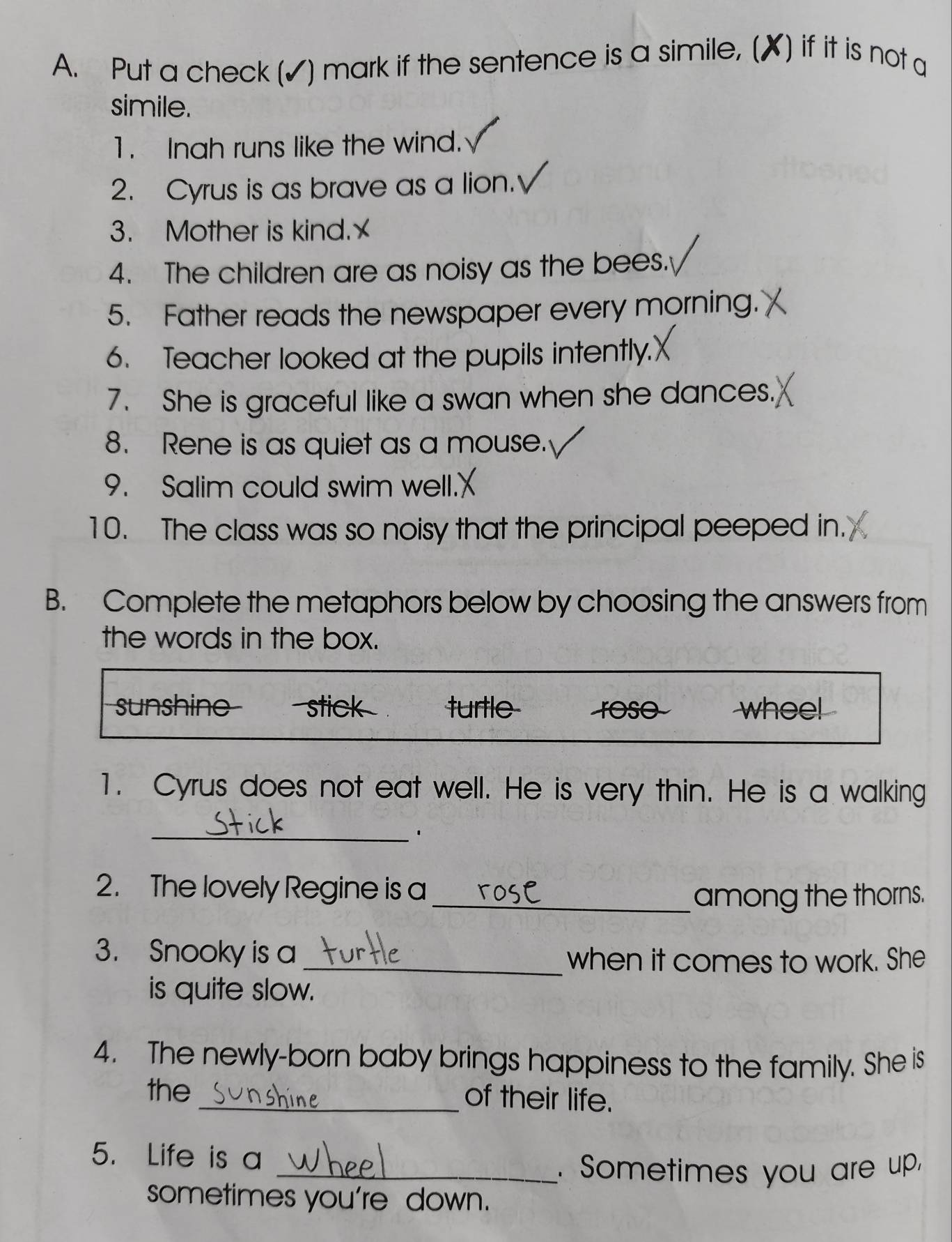 Solved: Put a check ( ) mark if the sentence is a simile, ( ) if it is ...