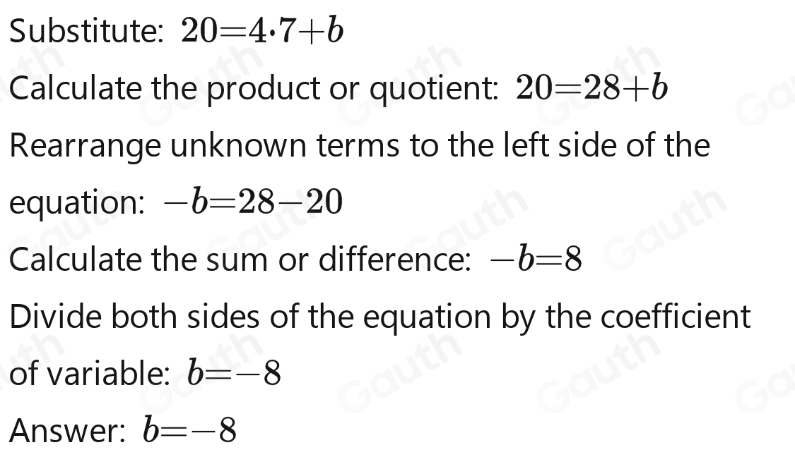 Solved: If y=mx+b , find b given that y=20 m=4 x=7 b = _ [Math]
