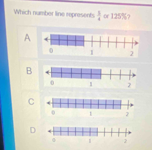 Solved: Which number line represents 5/4 or 125%? A B C D [Math]