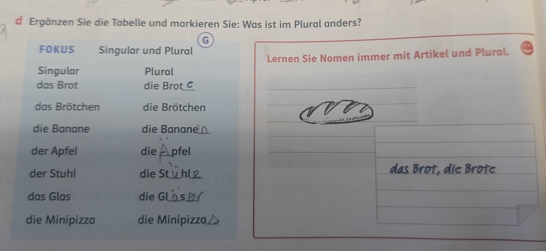 Gelöst:Ergänzen Sie die Tabelle und markieren Sie: Was ist im Plural ...