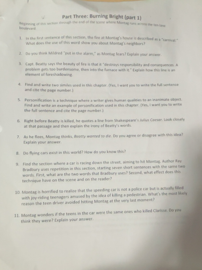 Solved: Part Three: Burning Bright (part 1) Beginning of this section ...