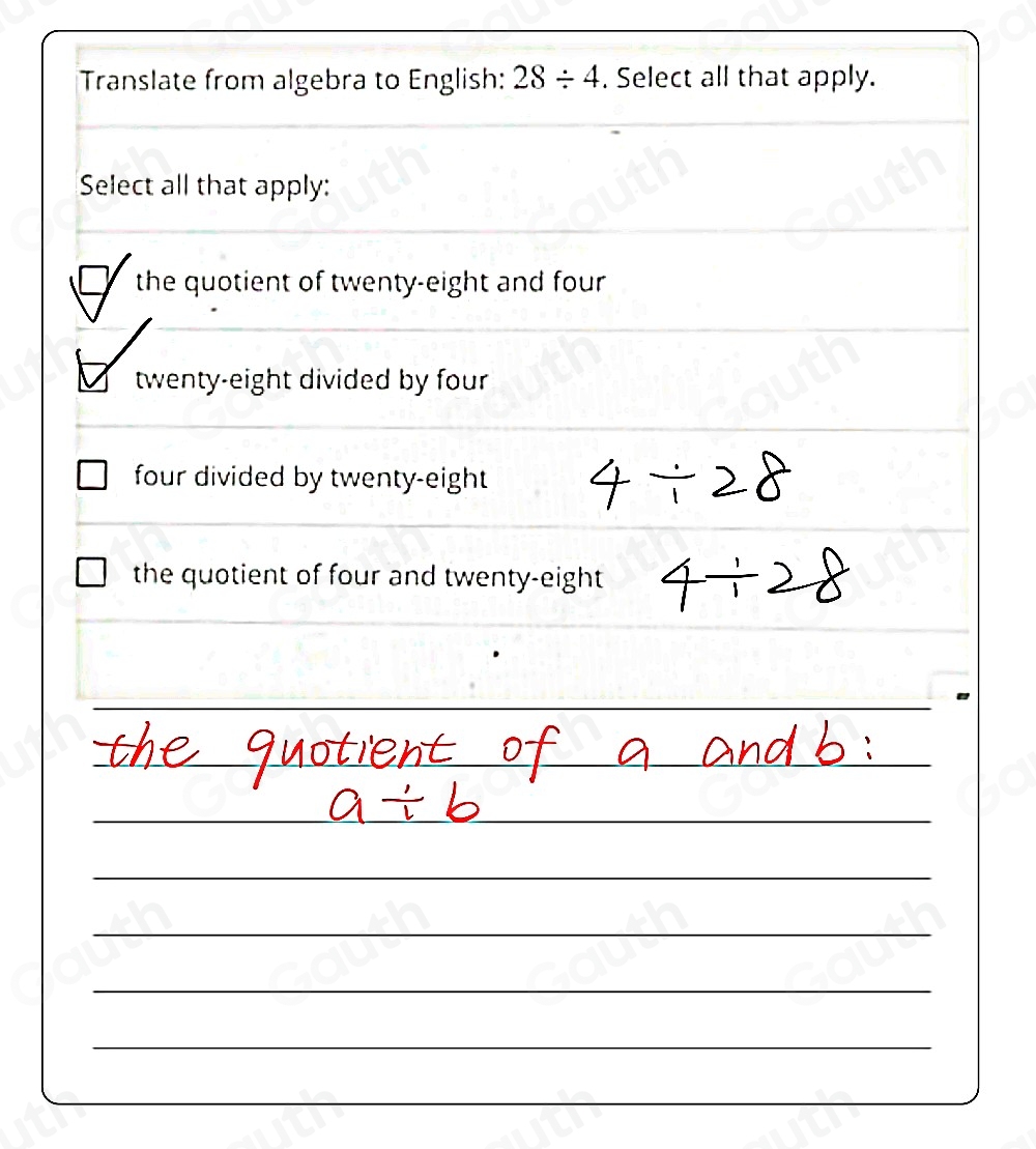 Solved: Translate from algebra to English: 28/ 4 , Select all that ...