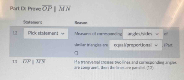 Prove overline OPparallel overline MN Statement Reason 12 Pick ...