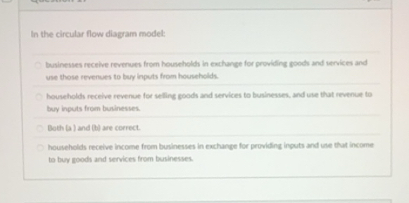 Solved: In the circular flow diagram model: businesses receive revenues ...