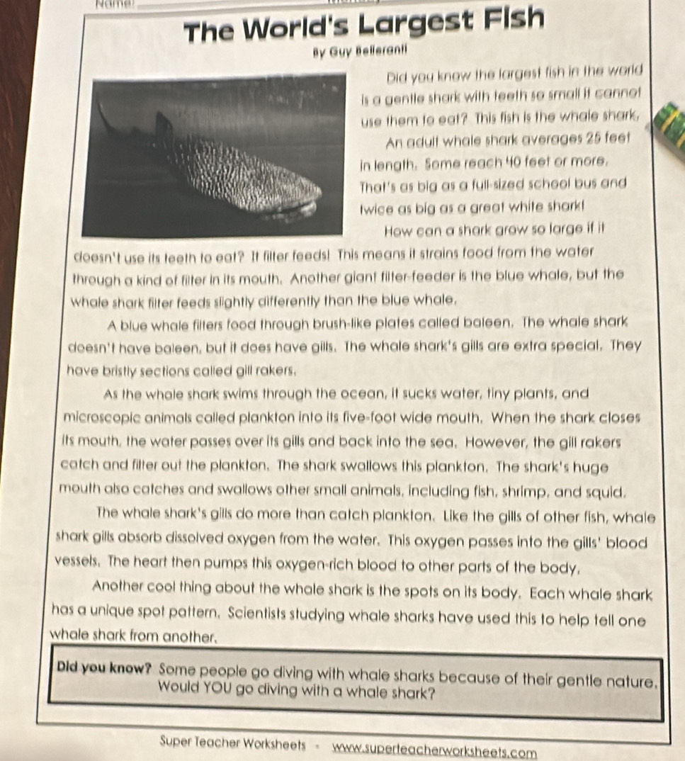 Solved: Name_ The World's Largest Fish By Guy Belieranti Did you know ...