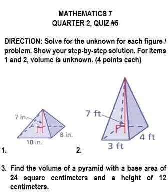Solved: MATHEMATICS 7 QUARTER 2, QUIZ #5 DIRECTION: Solve for the unknown for each figure / pro ...
