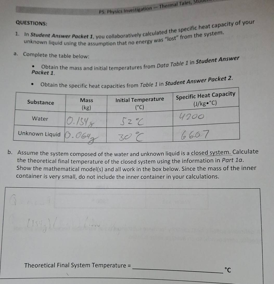 Solved: PS: Physics Investigation — Thermal Tales, Stue QUESTIONS: 1 ...