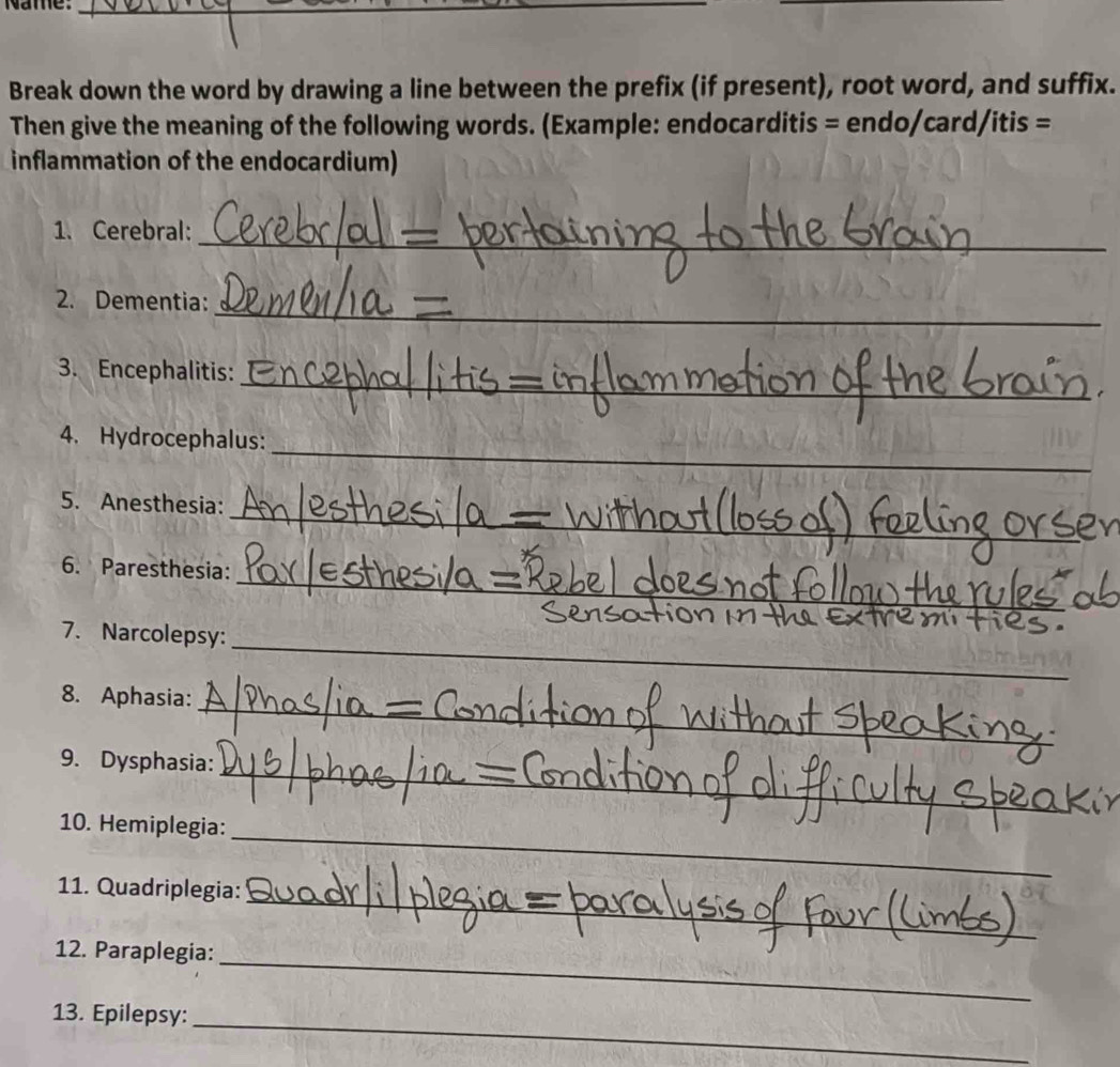 Solved: Name:_ Break down the word by drawing a line between the prefix ...