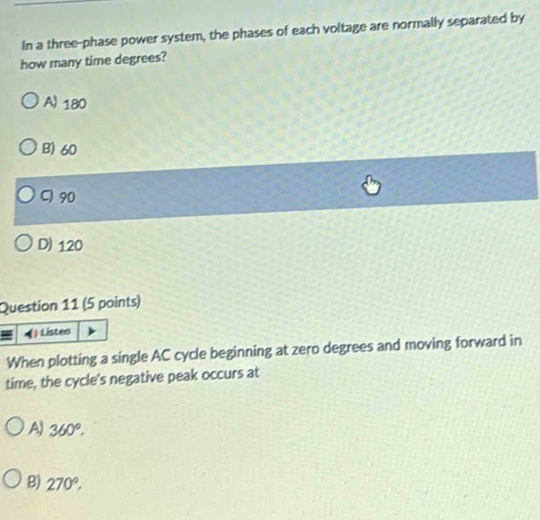 Solved: In a three-phase power system, the phases of each voltage are normally separated by how ...