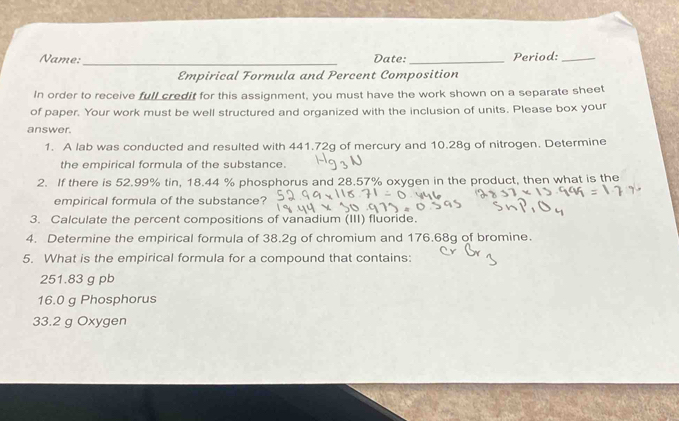 Solved: Name: Date: _Period:_ Empirical Formula and Percent Composition ...