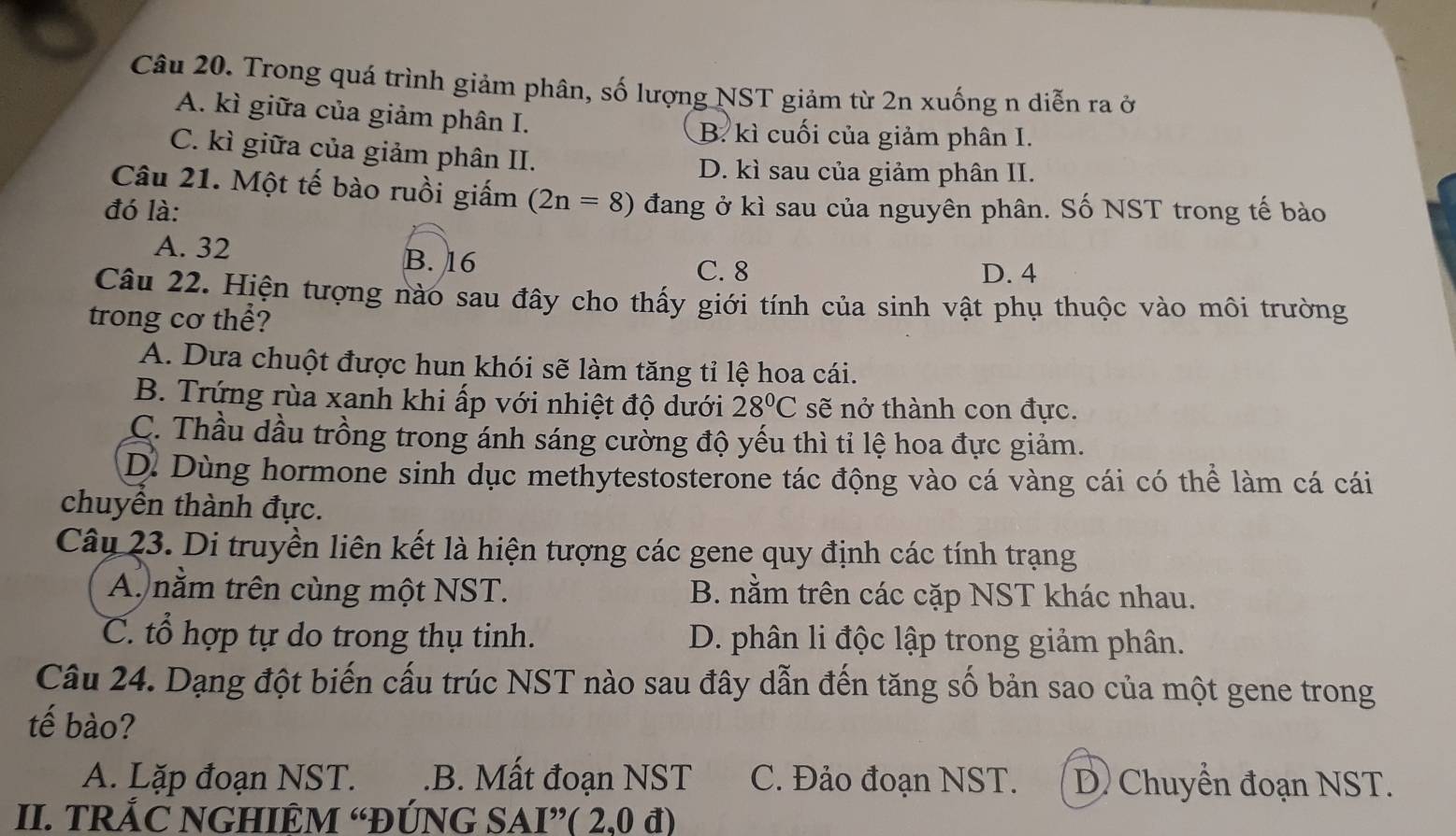 Giải quyết:Trong quá trình giảm phân, số lượng NST giảm từ 2n xuống n ...