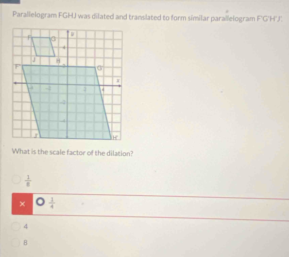 Solved: Parallelogram FGHJ was dilated and translated to form similar parallelogram F'G'H' J ...