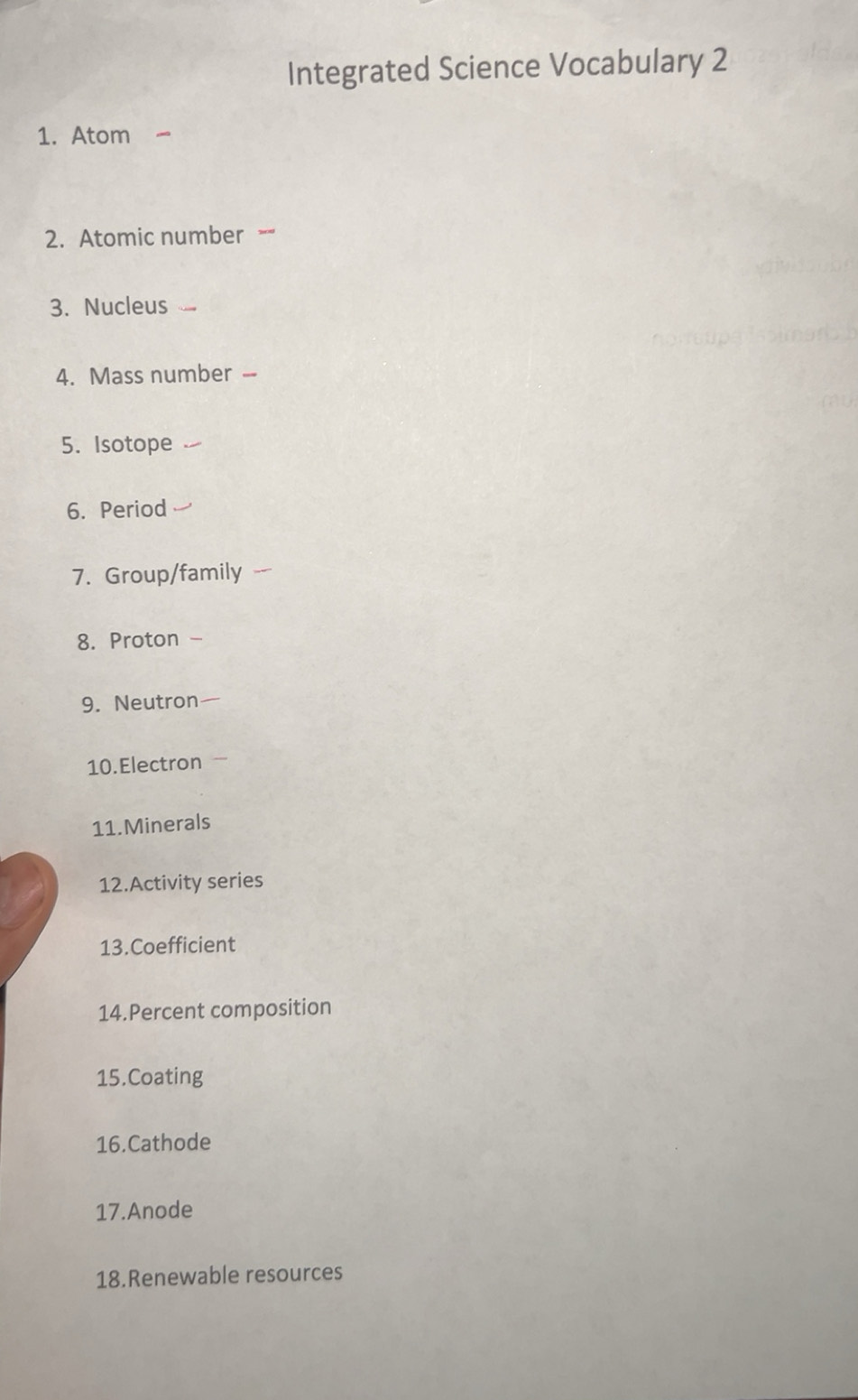 Solved: Integrated Science Vocabulary 2 1. Atom nhng 2. Atomic number 3 ...