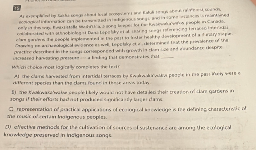 Solved: As exemplified by Sakha songs about local ecosystems and Kaluli ...