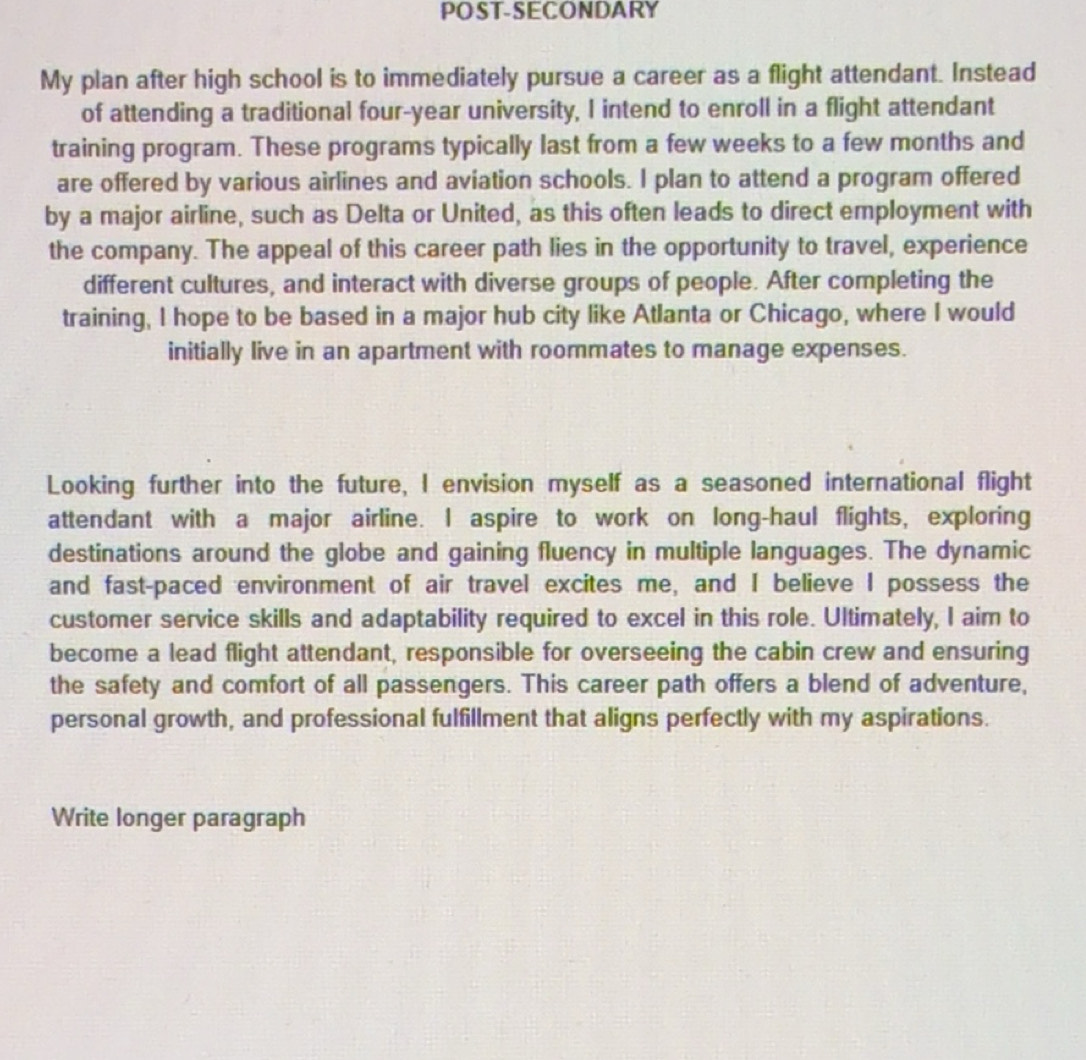 Solved: POST-SECONDARY My plan after high school is to immediately ...