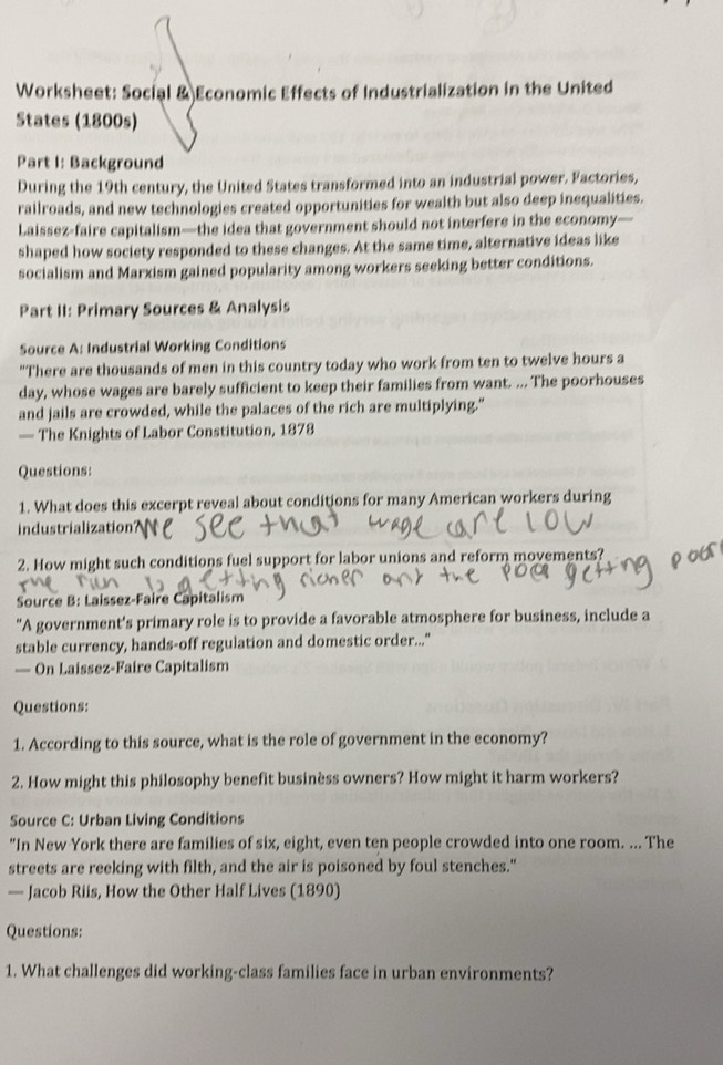 Solved: Worksheet: Social & Economic Effects of Industrialization in ...
