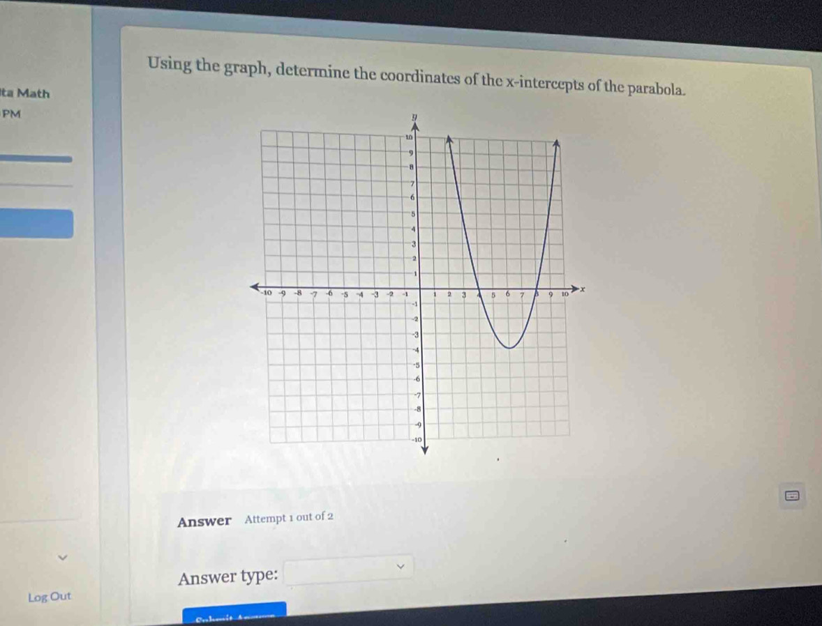 Solved: Using the graph, determine the coordinates of the x-intercepts ...