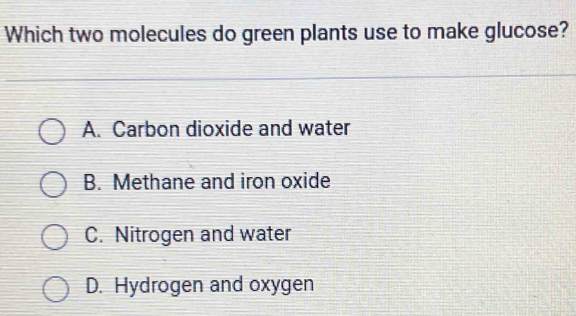 Solved: Which two molecules do green plants use to make glucose? A ...