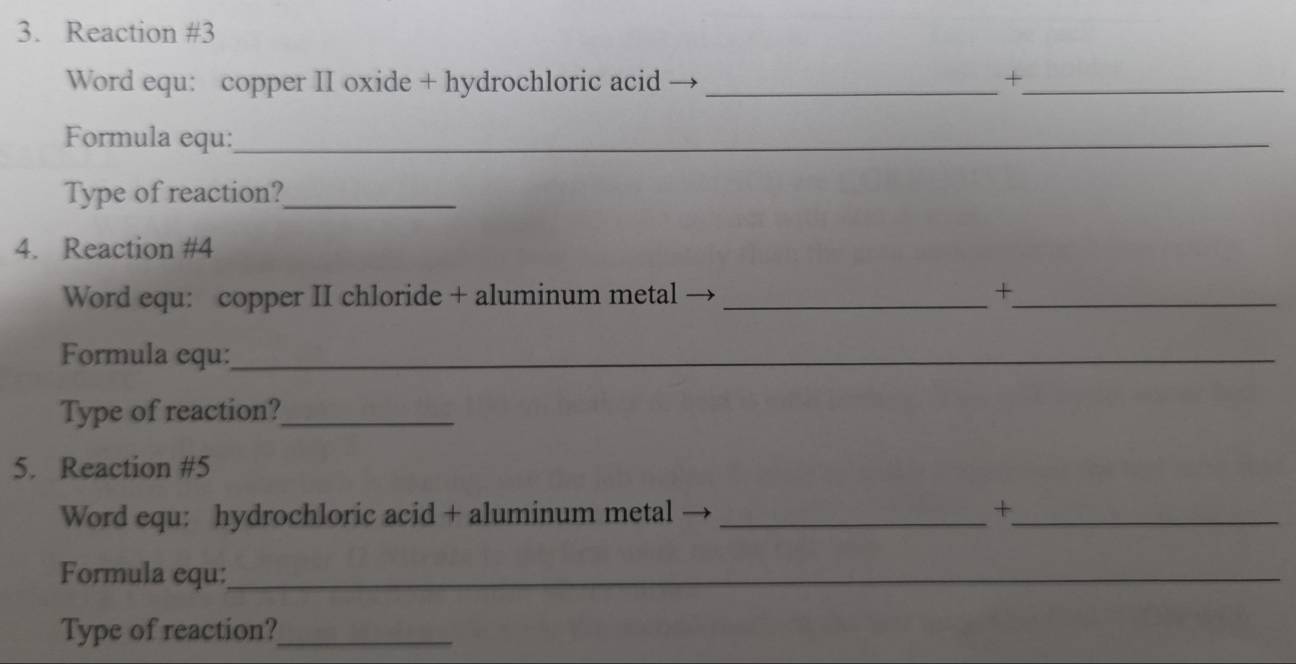 Solved: Reaction #3 Word equ: copper II oxide + hydrochloric acid ...
