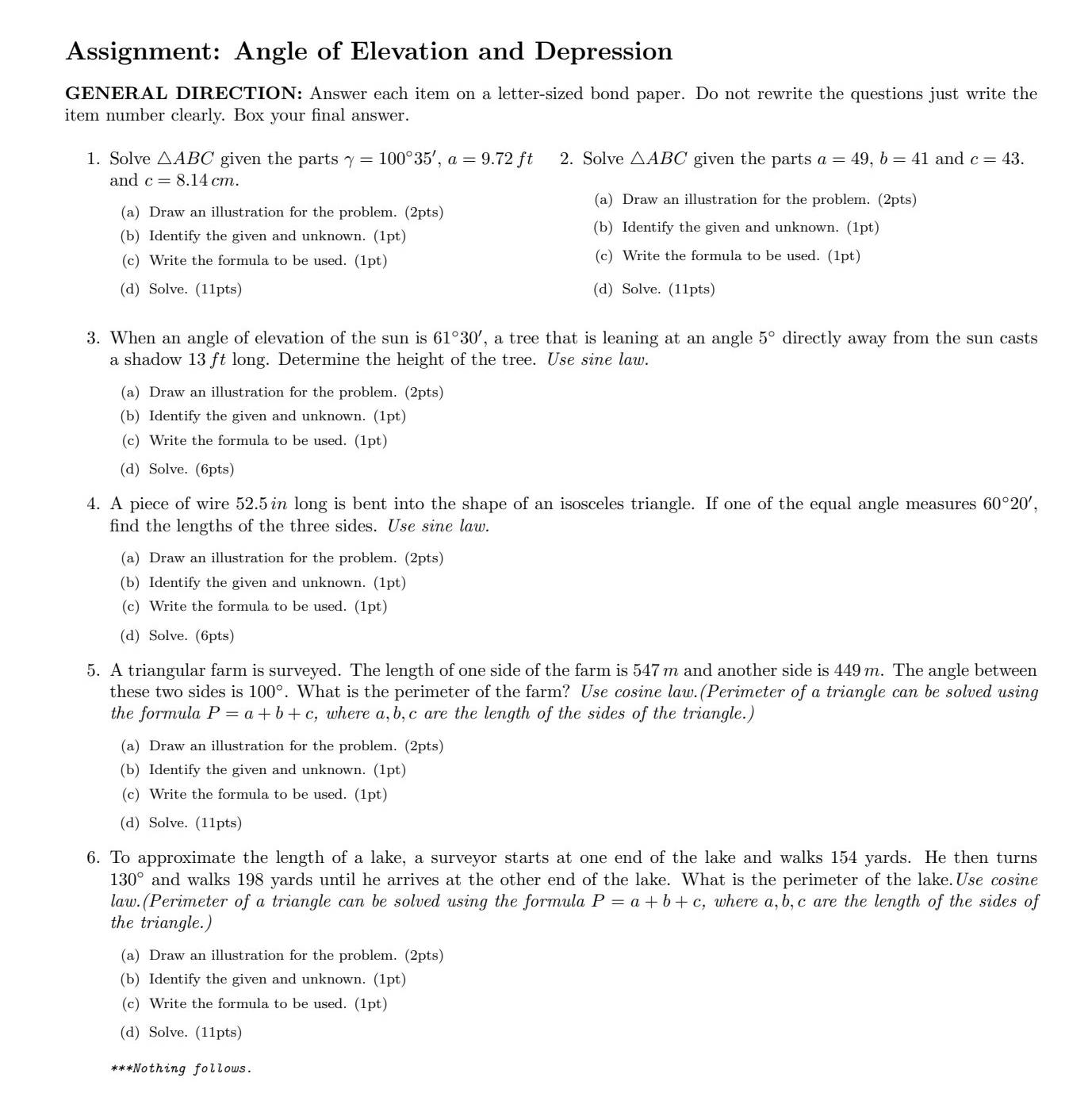 Solved: Assignment: Angle of Elevation and Depression GENERAL DIRECTION ...