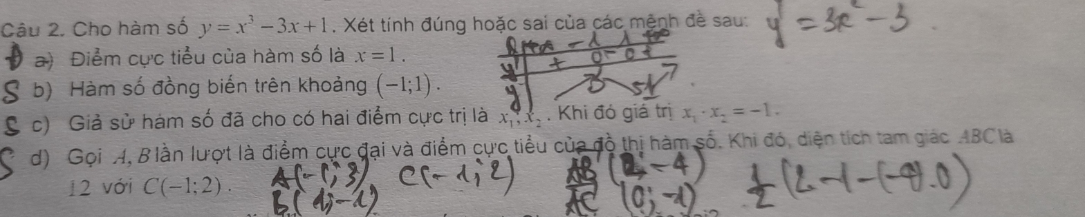 Giải quyết:Cho hàm số y=x^3-3x+1. Xét tính đúng hoặc sai của các mệnh đề sau: a) Điểm cực tiểu của h