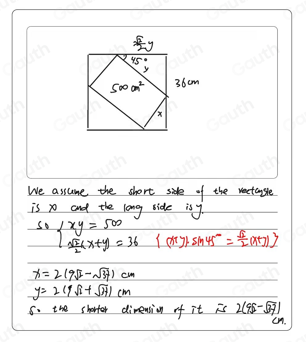 Solved: A triangle was cut from every corner of a square with 36 cm ...