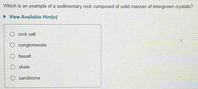 Solved: Which is an example of a sedimentary rock composed of solid ...