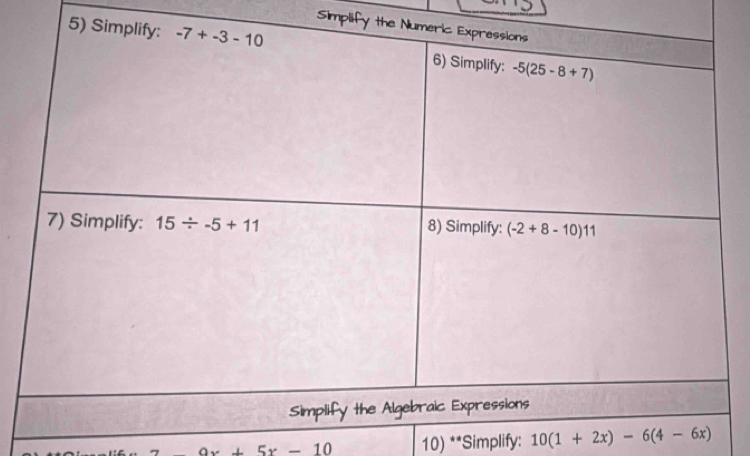 Solved: Simplify th x+5x-10 10) **Simplify: 10(1+2x)-6(4-6x) [Math]