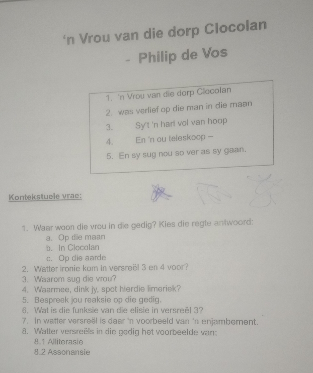 Solved: ‘n Vrou van die dorp Clocolan - Philip de Vos 1. 'n Vrou van ...