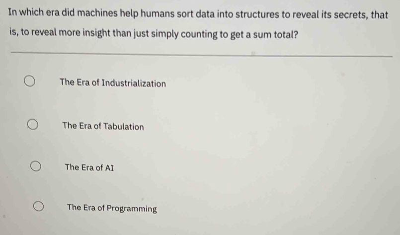 Solved: In which era did machines help humans sort data into structures ...