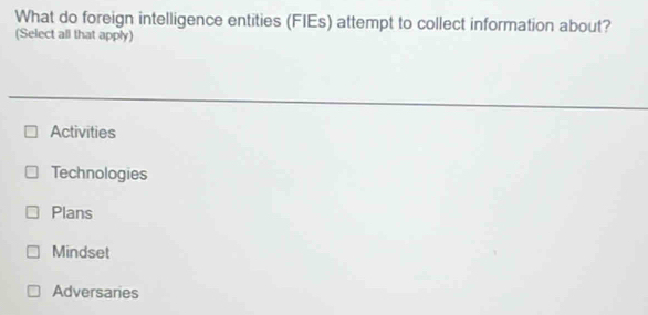 Solved: What do foreign intelligence entities (FIEs) attempt to collect ...
