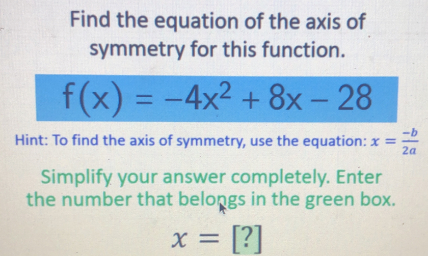 Solved: Find the equation of the axis of symmetry for this function. f ...