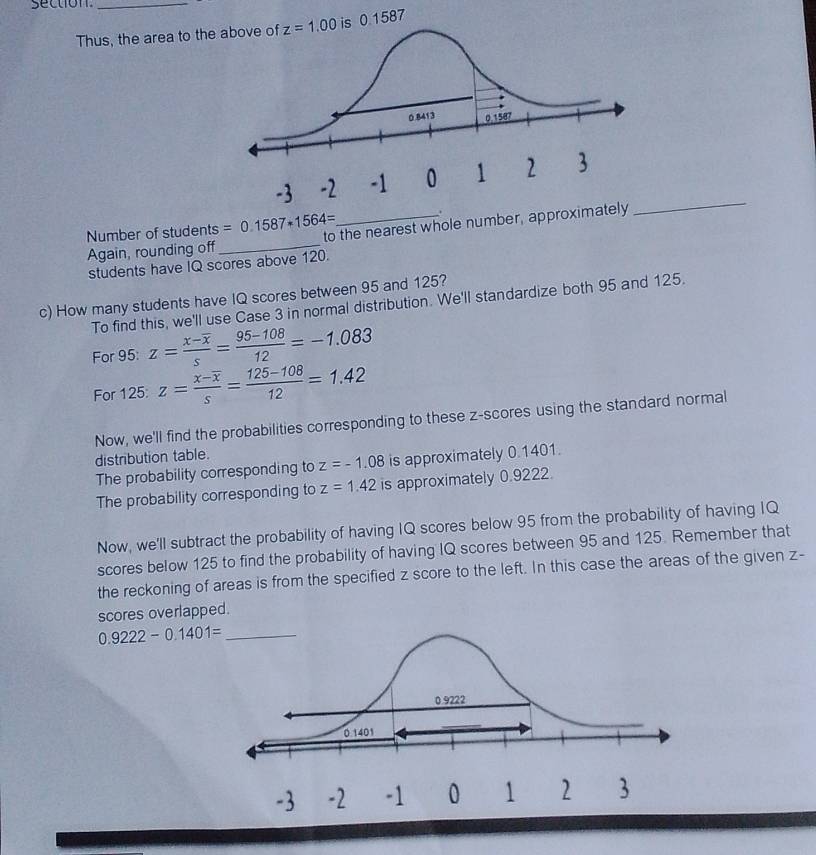Solved: section._ Thus, the area to the z=1.00 is 0.1587 Number of ...