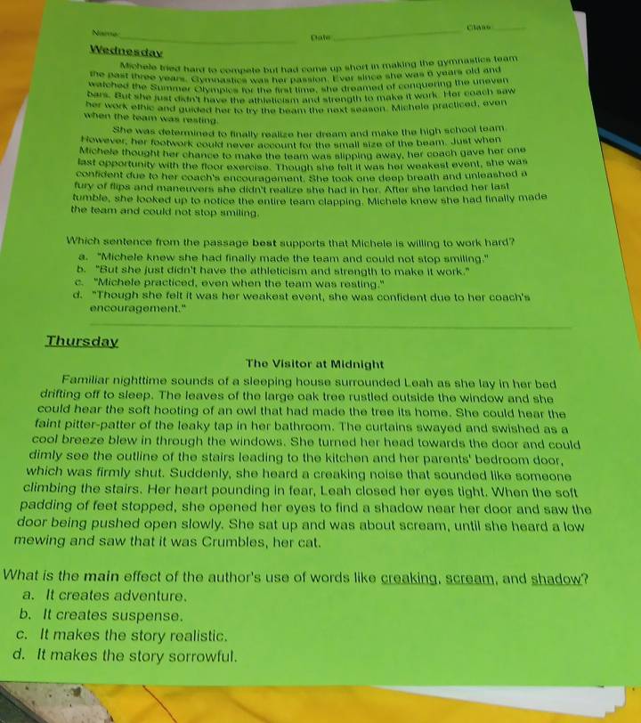 Solved: Class_ Nisio_ Dale Wednesday Michele tried hard to compete but ...