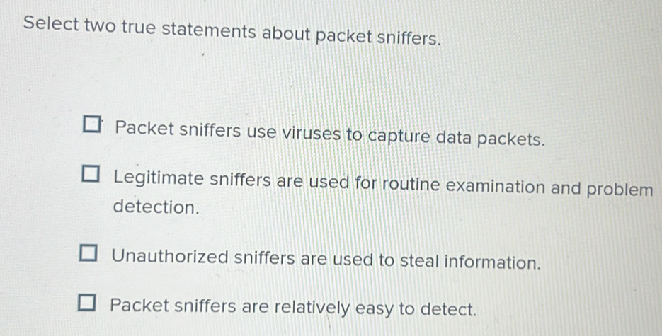 Solved: Select two true statements about packet sniffers. Packet ...