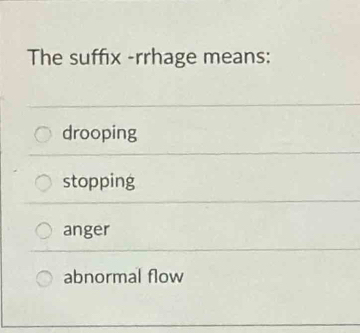Solved: The suffix -rrhage means: drooping stopping anger abnormal flow ...