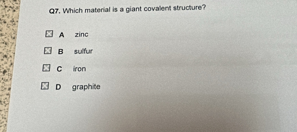 Solved: Which material is a giant covalent structure? A zinc B sulfur C ...