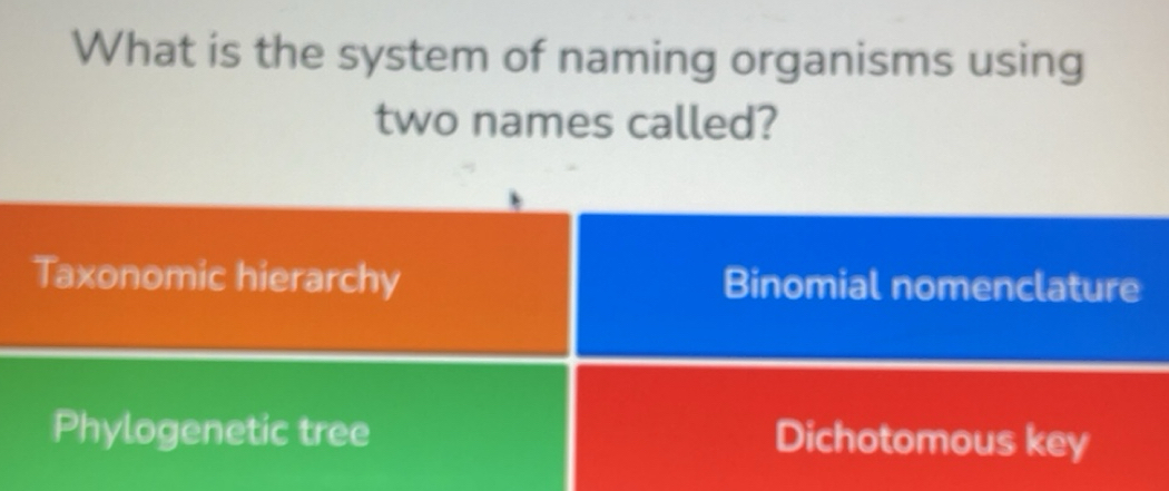 Solved: What is the system of naming organisms using two names called ...