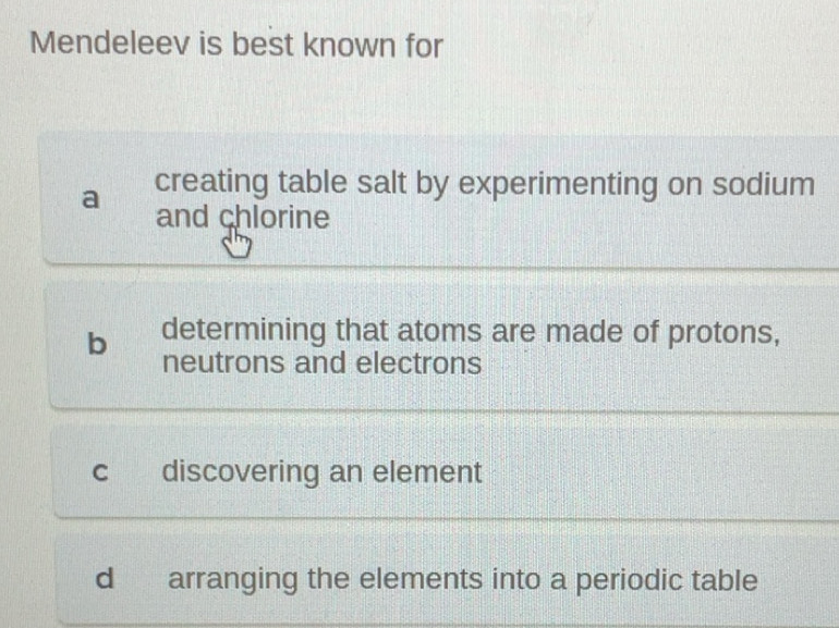 Solved: Mendeleev is best known for creating table salt by ...