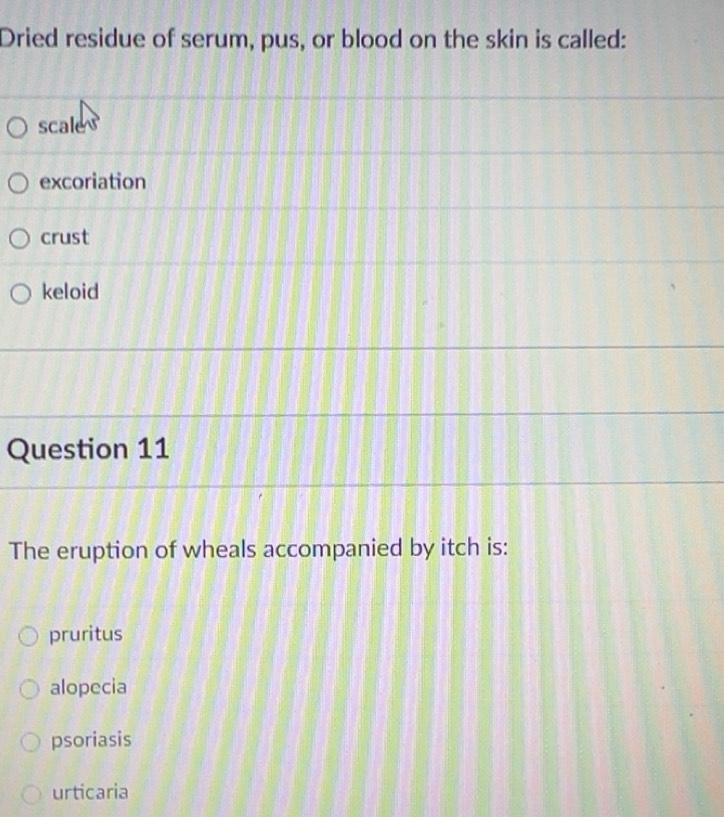 Solved: Dried residue of serum, pus, or blood on the skin is called ...
