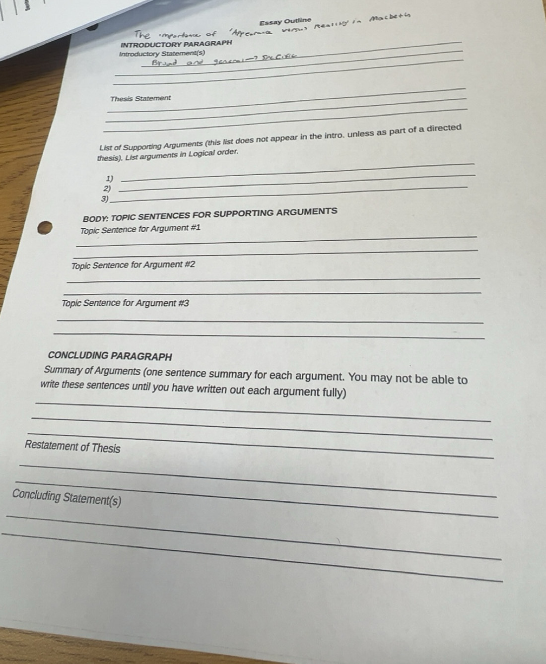 Solved: Essay Outline *a Veus Realihg ón Macbetg _ _ _ INTRODUCTORY ...