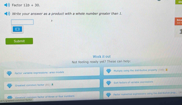 Solved: an Factor 12b+30. Write your answer as a product with a whole ...