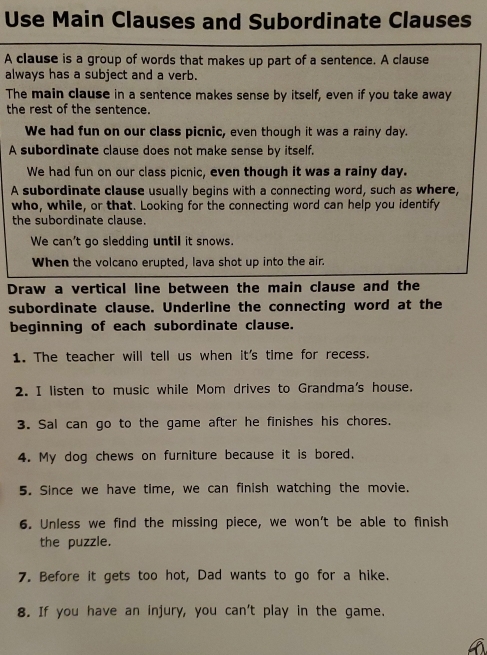 Solved: Use Main Clauses and Subordinate Clauses A clause is a group of ...