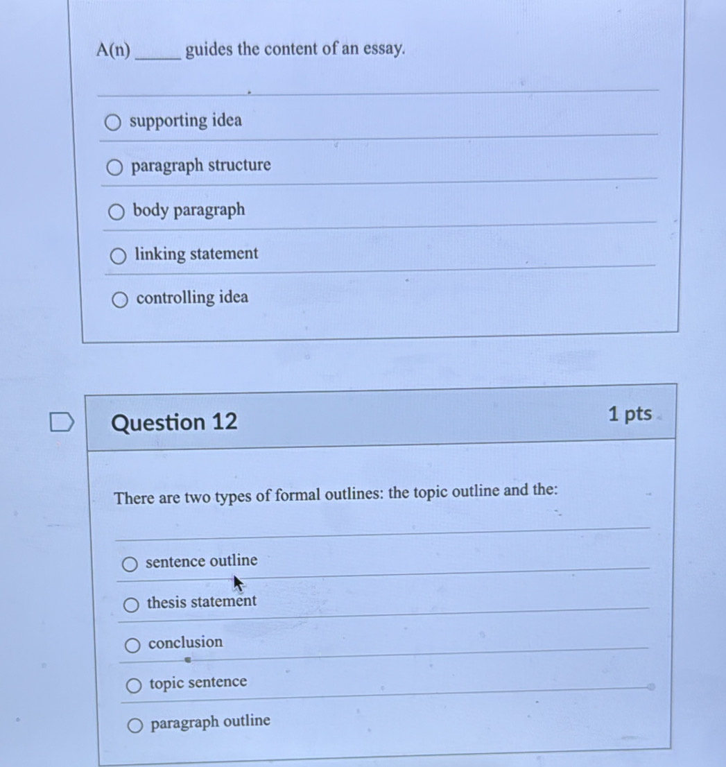 Solved: A(n) _guides the content of an essay. supporting idea paragraph ...