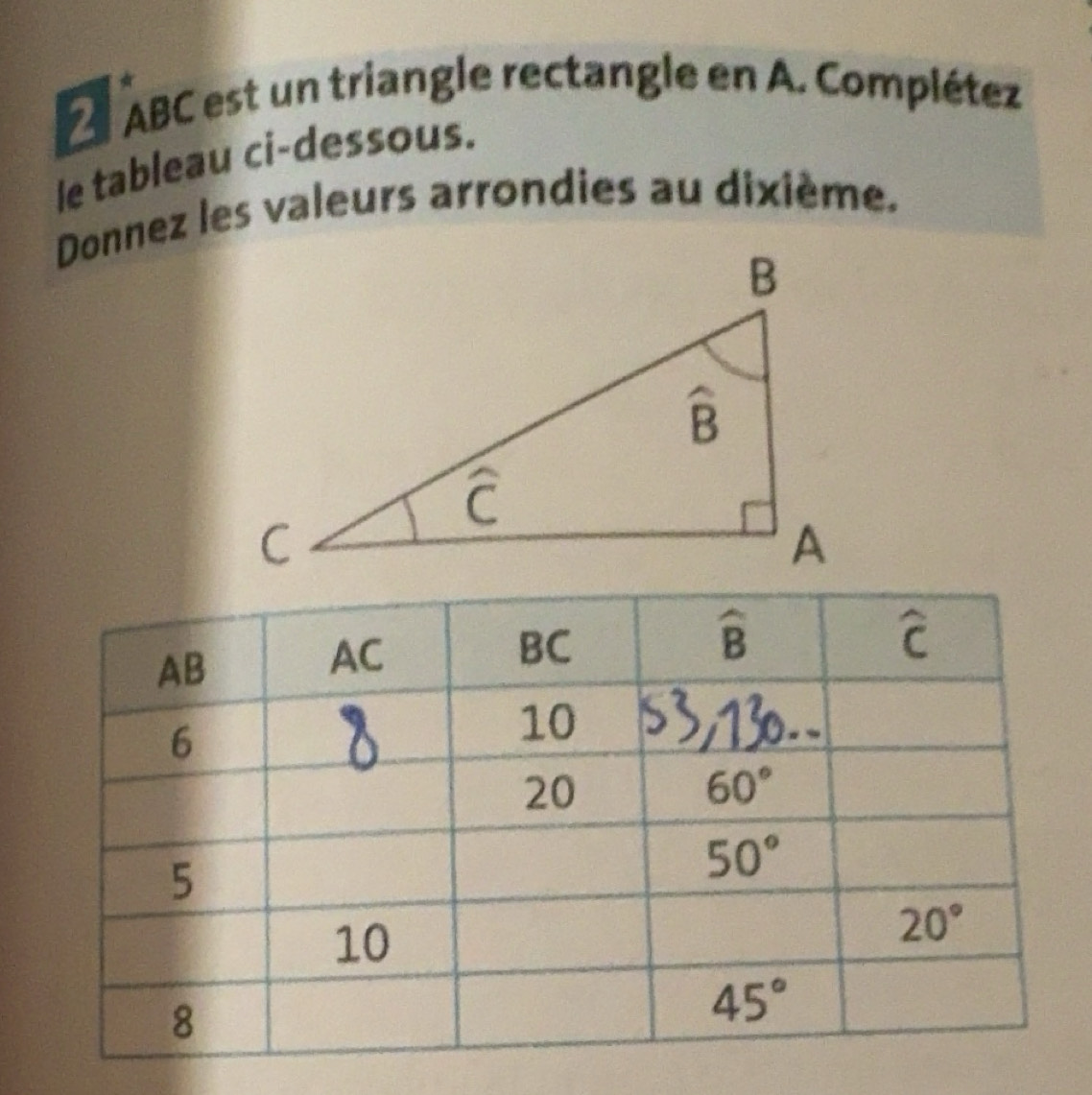Résolu :ABC est un triangle rectangle en A. Complétez le tableau ci ...