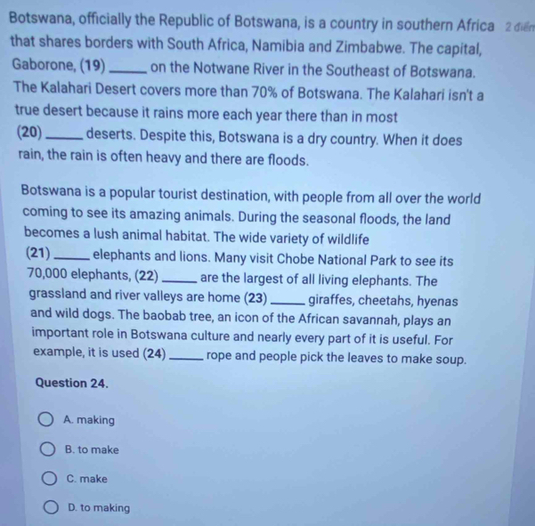 Giải quyết:Botswana, officially the Republic of Botswana, is a country ...