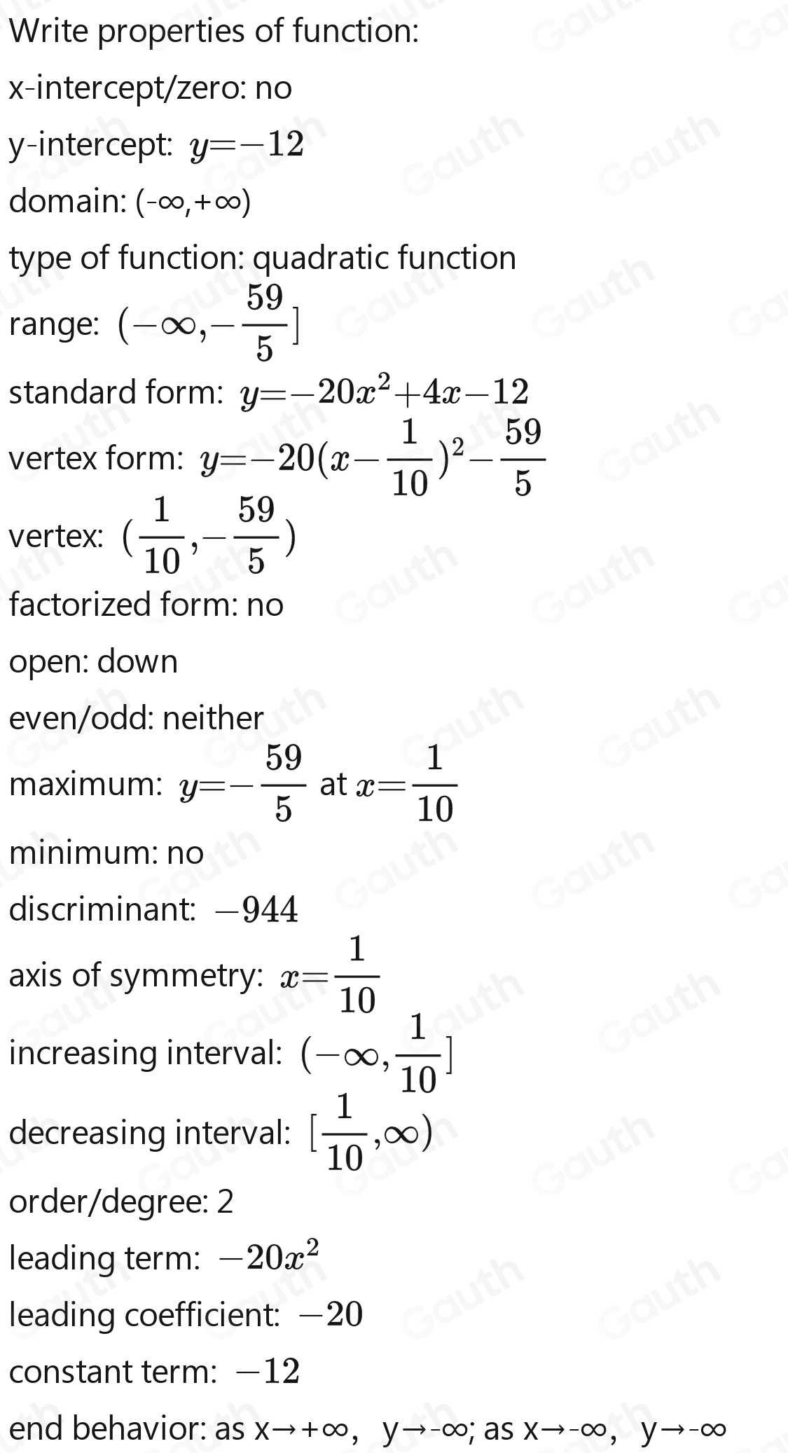 Resolvido:y=-20x^2+4x-12=