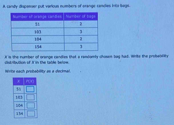 Solved: A candy dispenser put various numbers of orange candies into ...