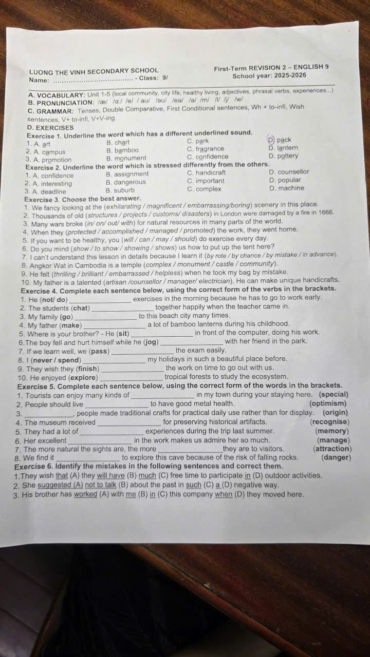 Giải quyết:LUONG THE VINH SECONDARY SCHOOL First-Term REVISION 2 ...