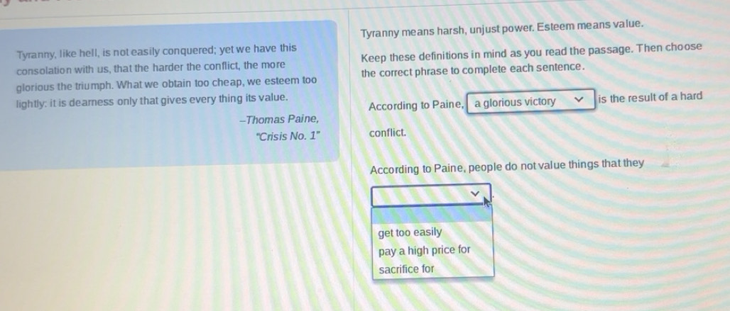 Solved: Tyranny means harsh, unjust power. Esteem means value. Tyranny ...